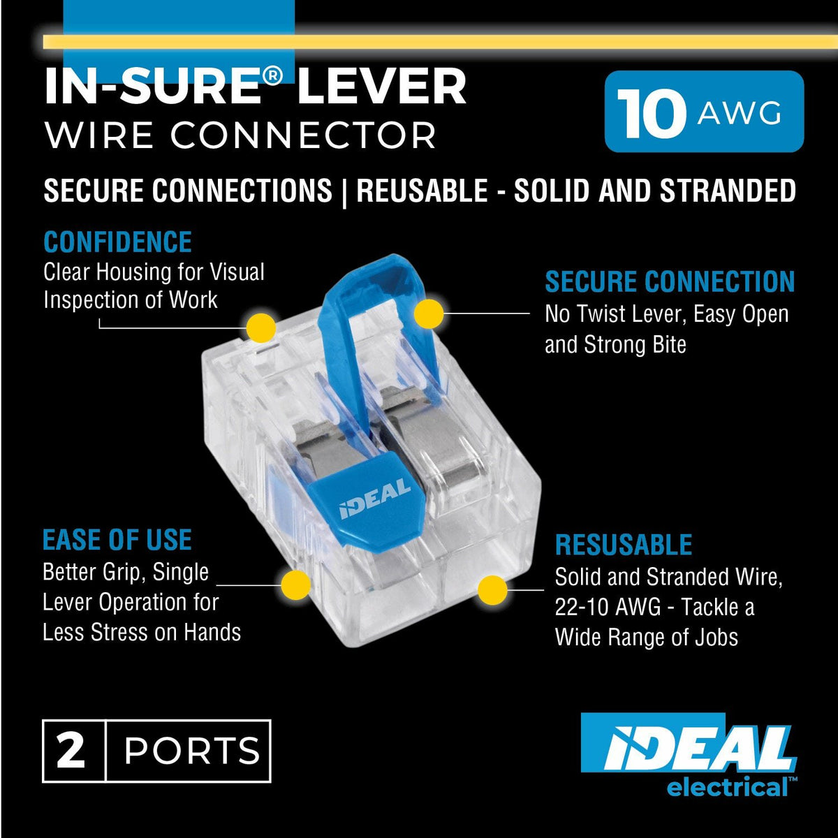 Ideal 30-10L32 In-Sure Lever Wire Connector, 10 AWG, 2-Port, 100 Box ...