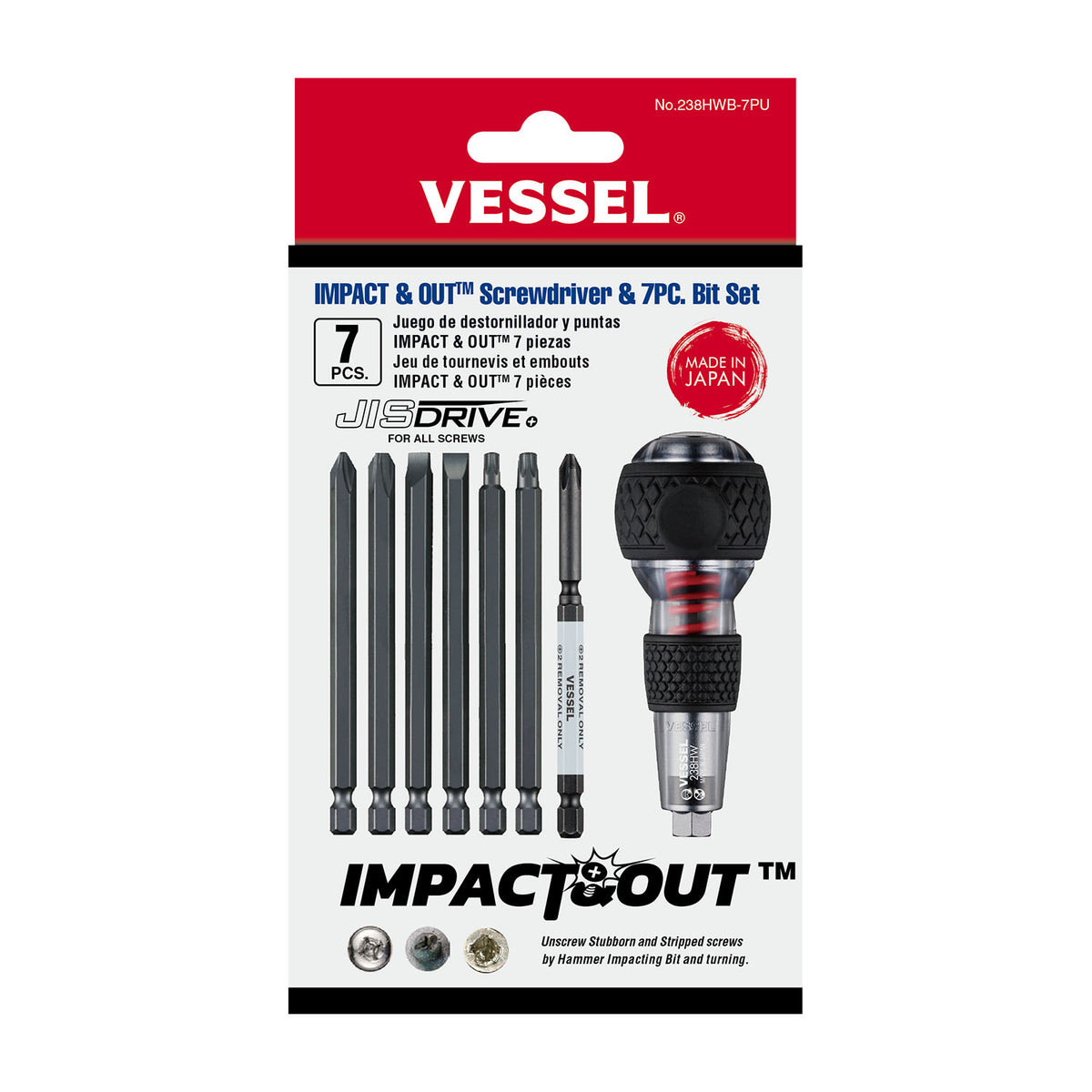 Vessel Tools 238HWB7PU Impact & Out Screwdriver with Assorted Bits, 9 ...