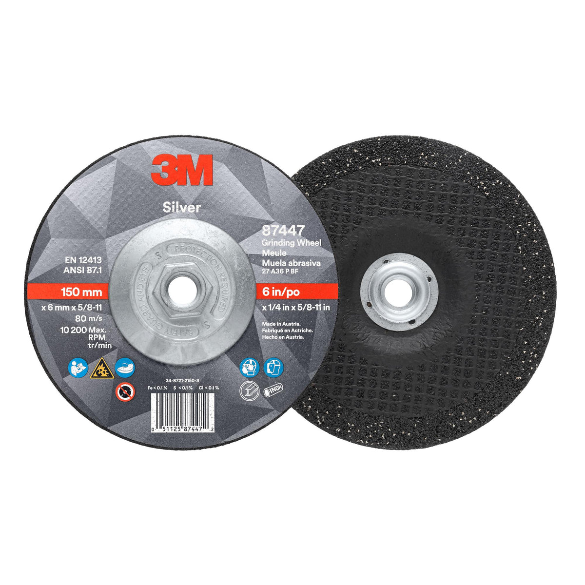 3M Silver Depressed Center Grinding Wheel, 87450, T27, 6 in x 1/4 in x ...