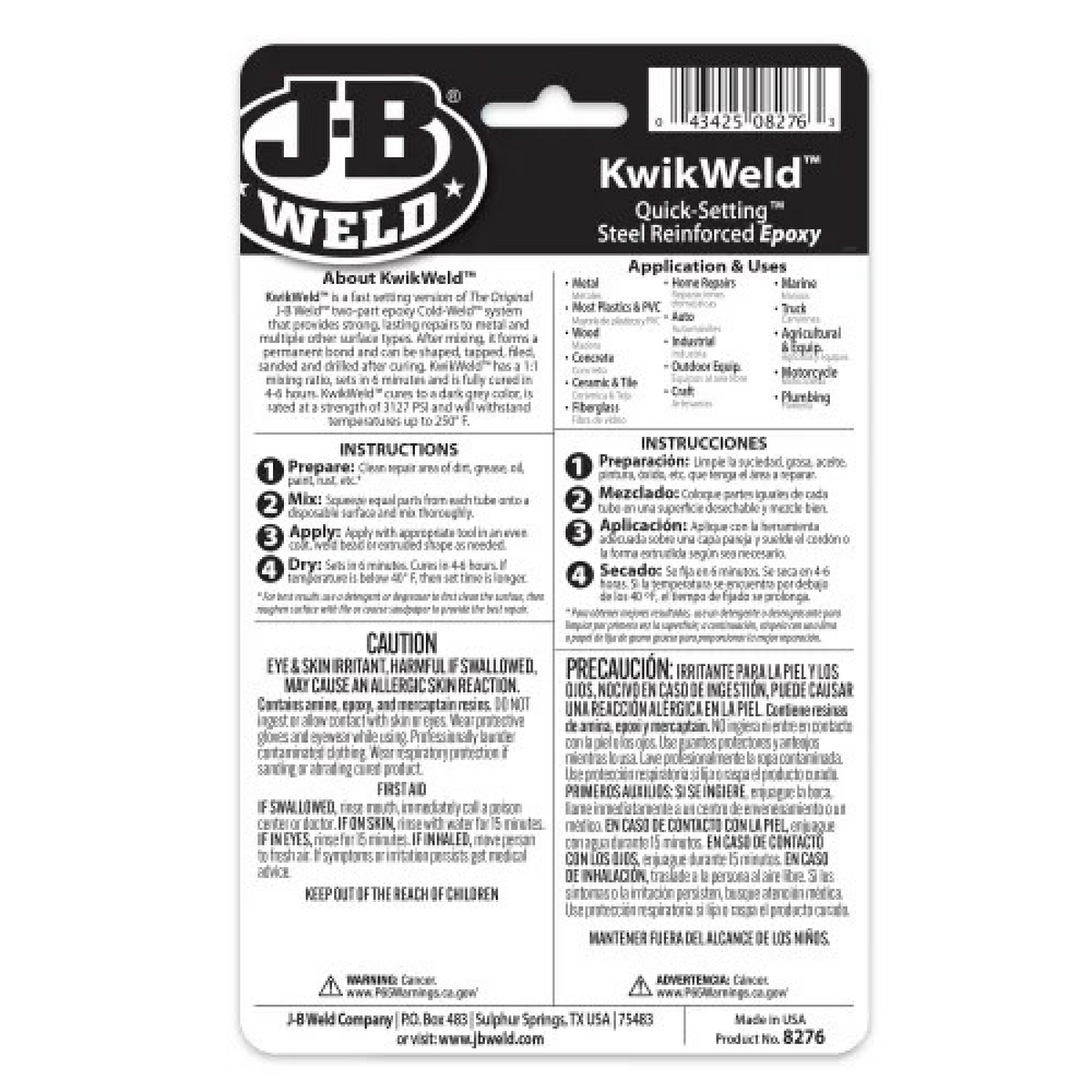 J-B Weld 8276 KwikWeld Twin Tube Steel Reinforced Epoxy & Hardener, 2 ...