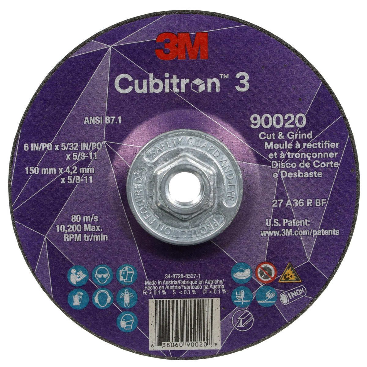 3M Cubitron 3 Cut and Grind Wheel, 90020, 36+, T27, 6 in x 5/32 in x 5 ...