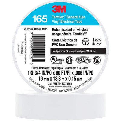 3M Temflex Vinyl Electrical Tape 165, Black, 3/4 in x 60 ft, 6 mil ...