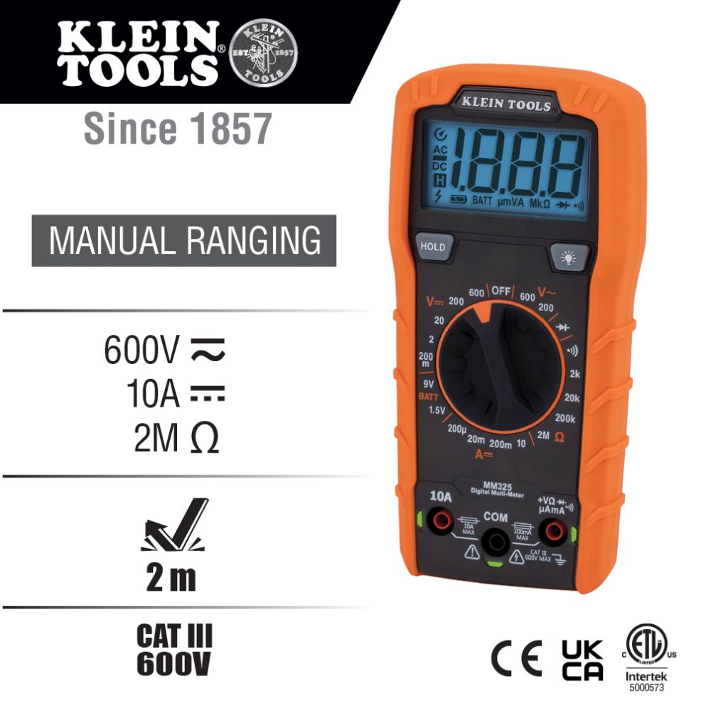 Klein Tools MM325 Multimeter, Digital Manual-Ranging 600V AC/DC Voltag ...